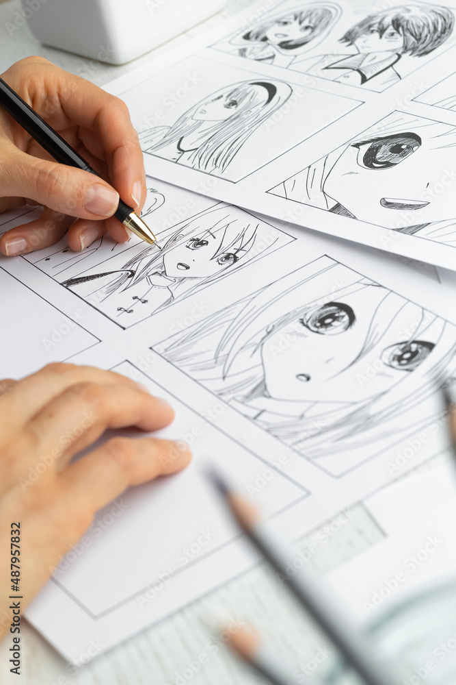 Manga style. The artist draws sketches of anime comics. Storyboard of ...