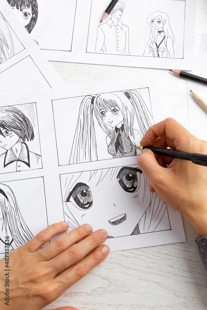 Manga style. The artist draws sketches of anime comics. Storyboard of ...