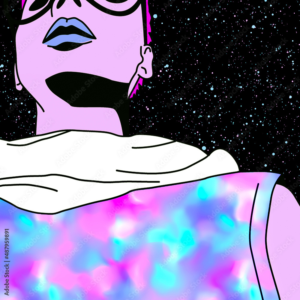 Contemporary minimal collage art. Sketch cosmic girl in creative. space ...