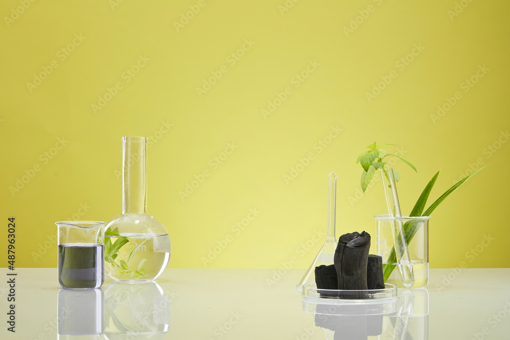 Activated charcoal research in laboratory with glassware beaker and ...