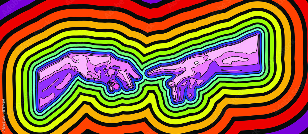 Psychedelic line art vector illustration of hands reaching to touch ...