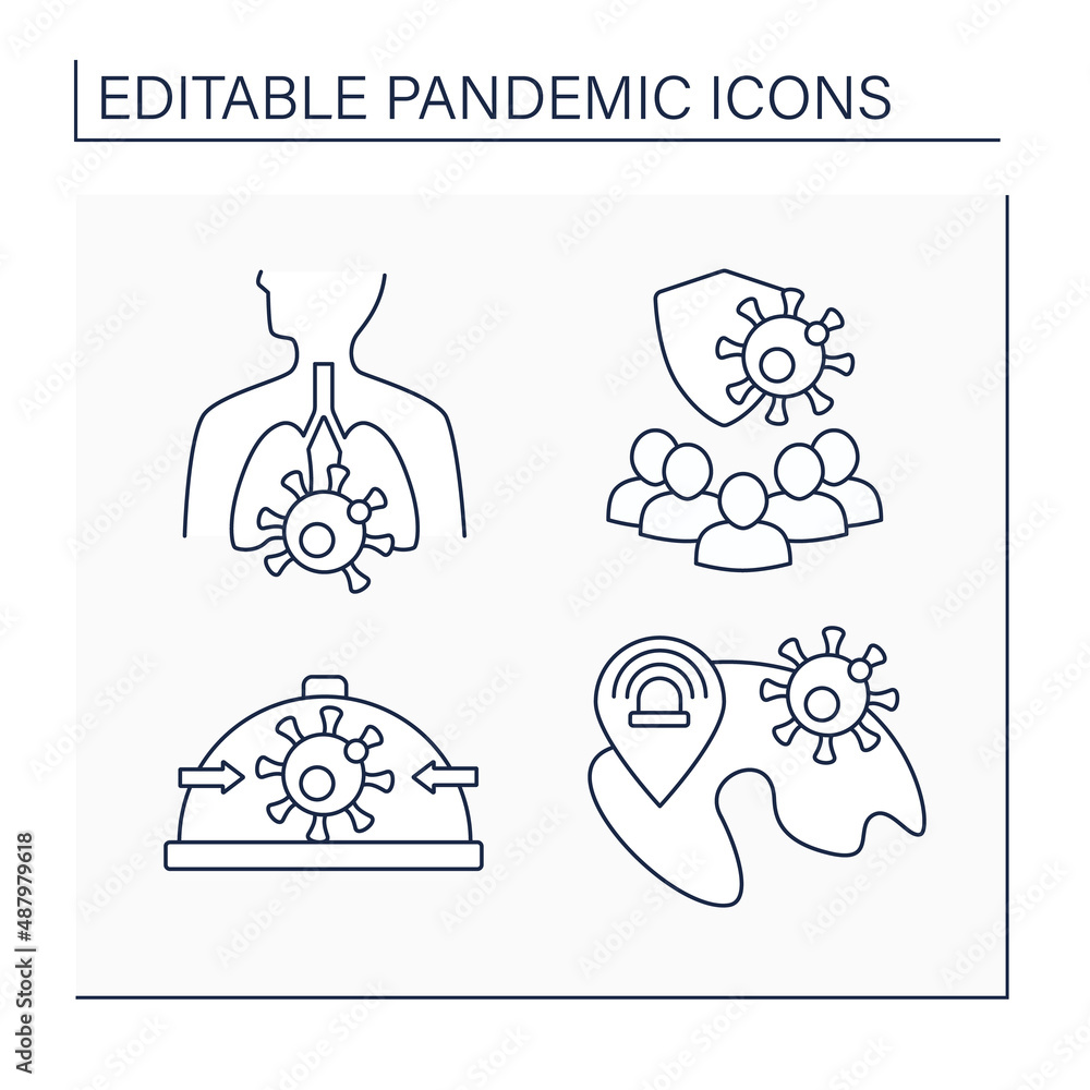 Pandemic line icons set. Containment, covid pneumonia, herd immunity ...
