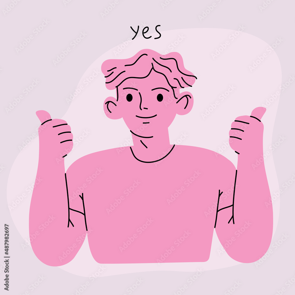 Young man with two thumbs up. Yes sign. Male character showing positive ...