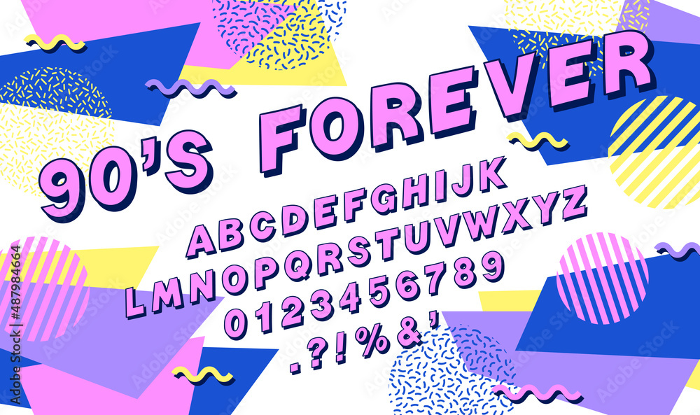 90s style font alphabet. Doodle font. Colorful typography. Doodles ...