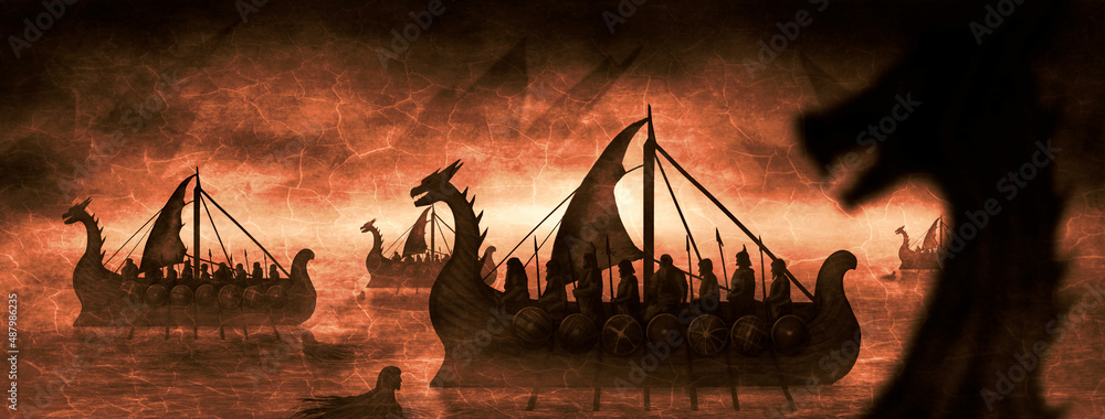Fantasy landscape with northern warriors sailing on dragon boats on ...
