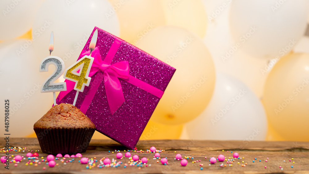 Happy birthday with a pink gift box for a 24 year old girl. Beautiful ...