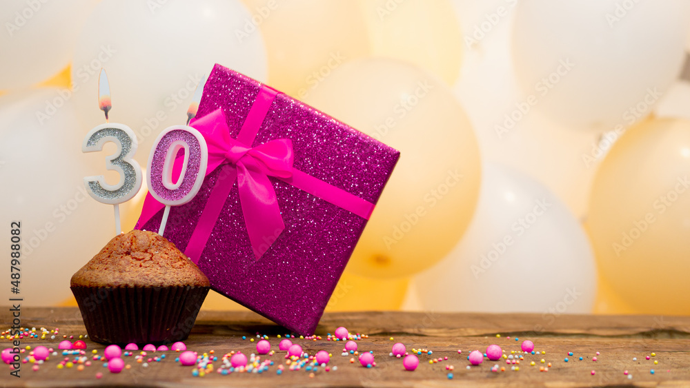 Happy birthday with a pink gift box for a 30 year old girl. Beautiful ...