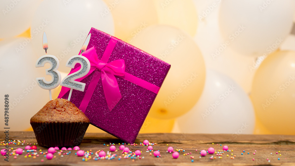 Happy birthday with a pink gift box for a 32 year old girl. Beautiful ...