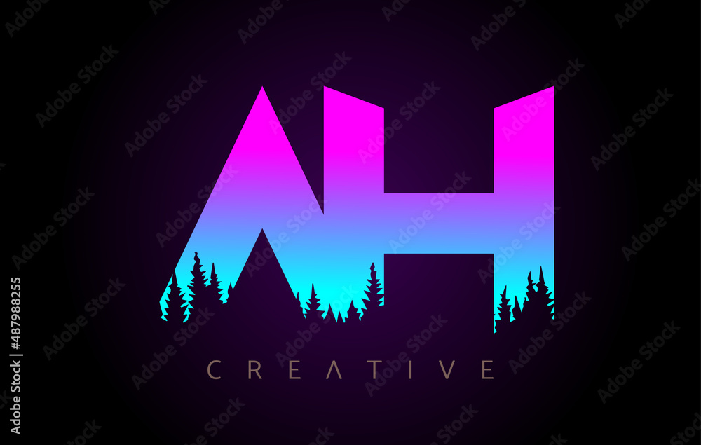 AH Letters Logo Design with Purple Blue Colors and Pine Forest Trees ...