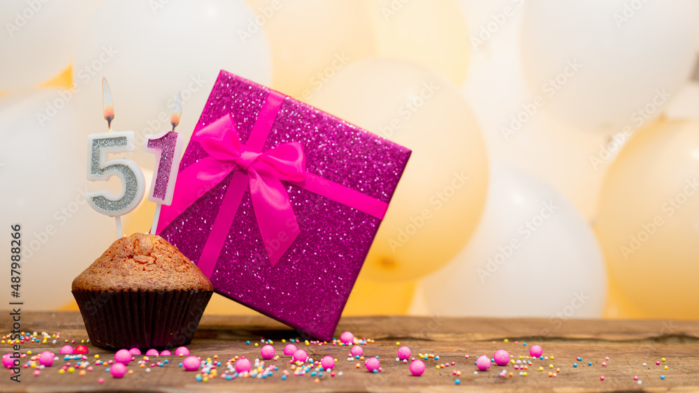 Happy birthday with a pink gift box for a 51 year old woman. Beautiful ...