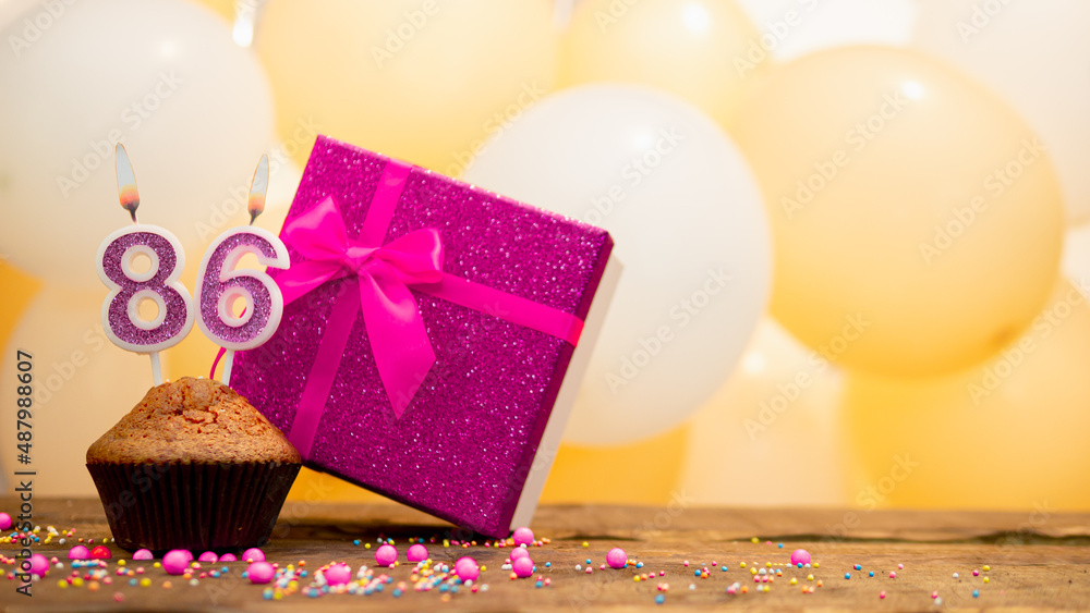 Happy birthday with pink gift box for 86 year old woman. Beautiful ...