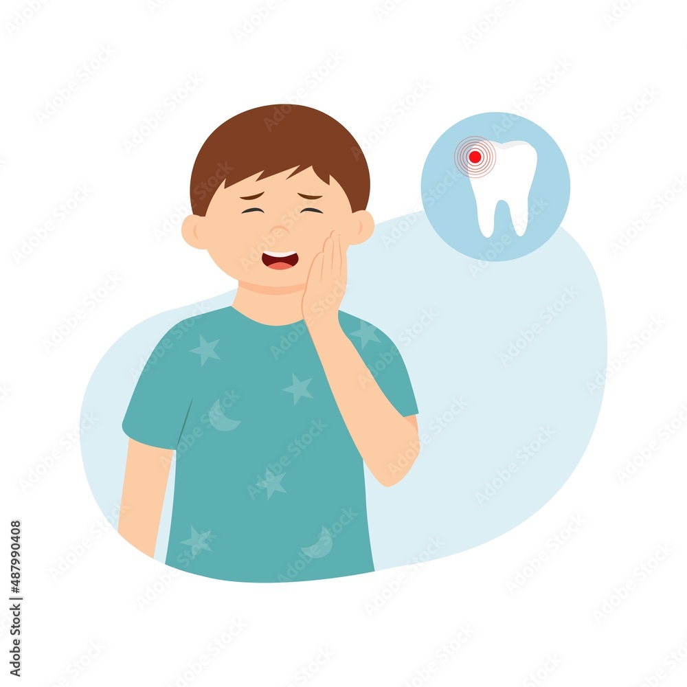 Tooth ache concept.Little boy feeling pain, holding her cheek with hand ...
