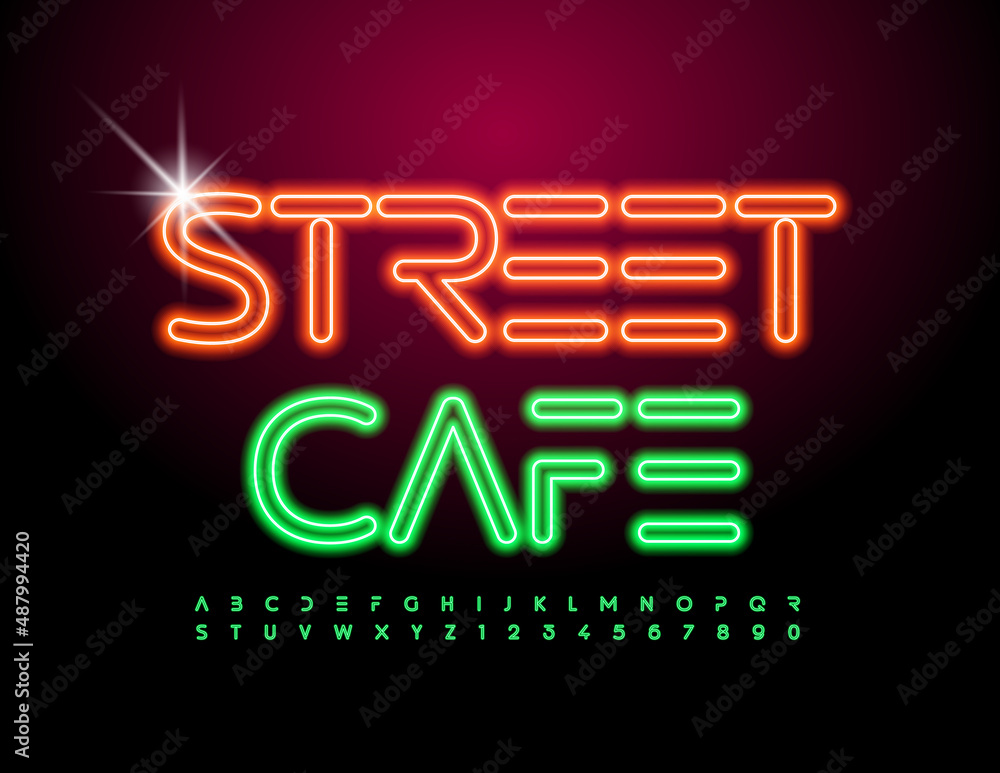 Vector lamp sign Street Cafe. Green Neon Font. Light Tube Alphabet ...