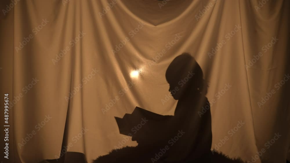 Silhouette of little boy reading a book. Child of primary age spend ...