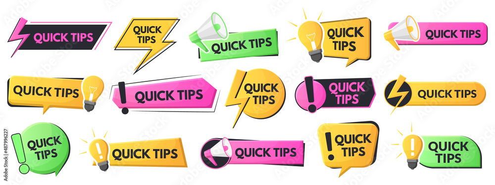 Quick tips, tricks and solutions logos, helpful advice emblems. Useful ...