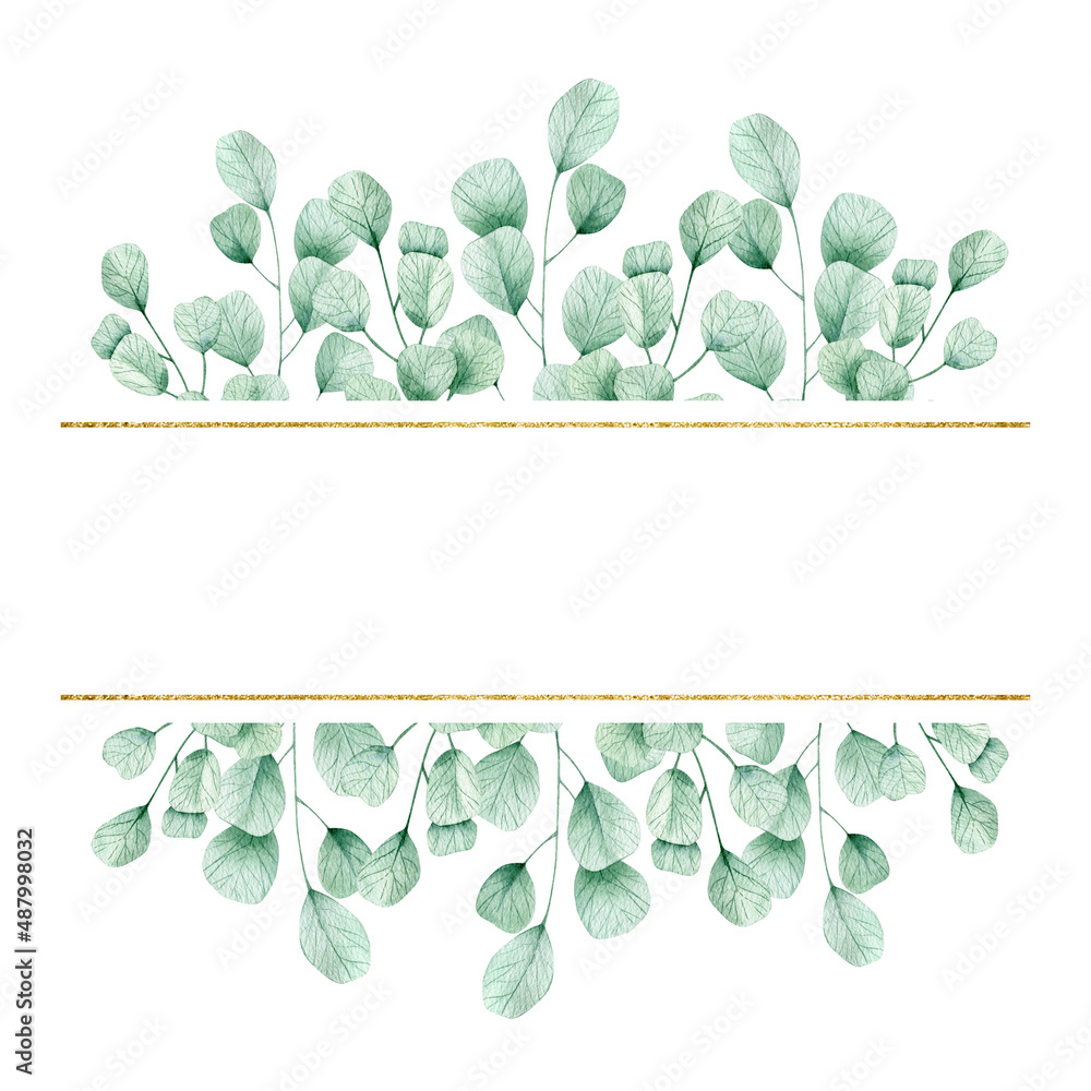 Watercolor illustration card eucalyptus and gold frame. Isolated on ...