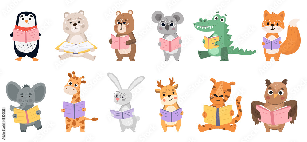 Animals book lovers, reading fox, bear and rabbit. Smart animals learn ...