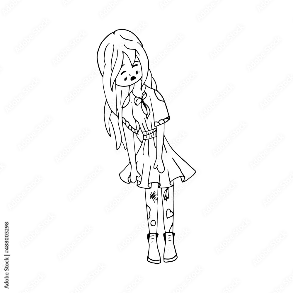 Vector illustration coloring book depicting a crying girl in a dress ...