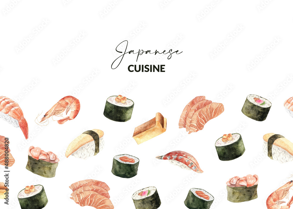 Watercolor border with japanese food Stock Illustration | Adobe Stock