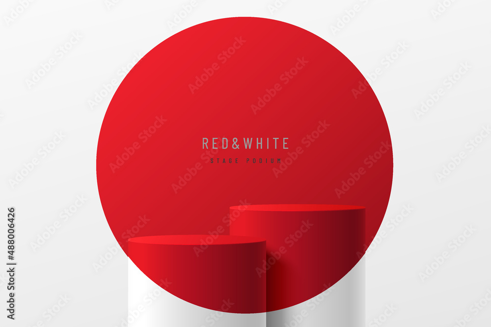 Realistic white and red 3D cylinder stand or podium set with red circle ...