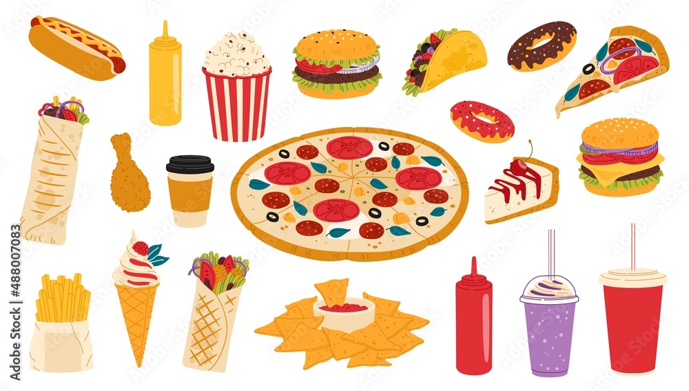 Takeaway fast food. Flat style hot dog, popcorn and hamburger, mexican ...