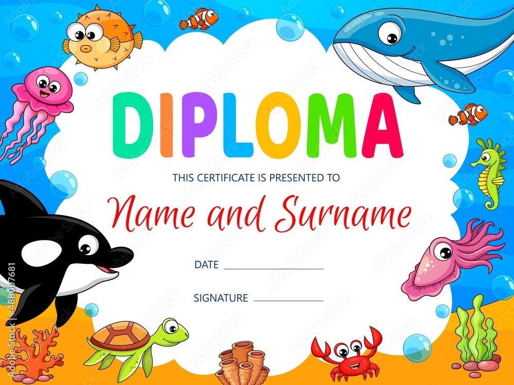 Kids diploma with underwater cartoon animals and fish, vector ...