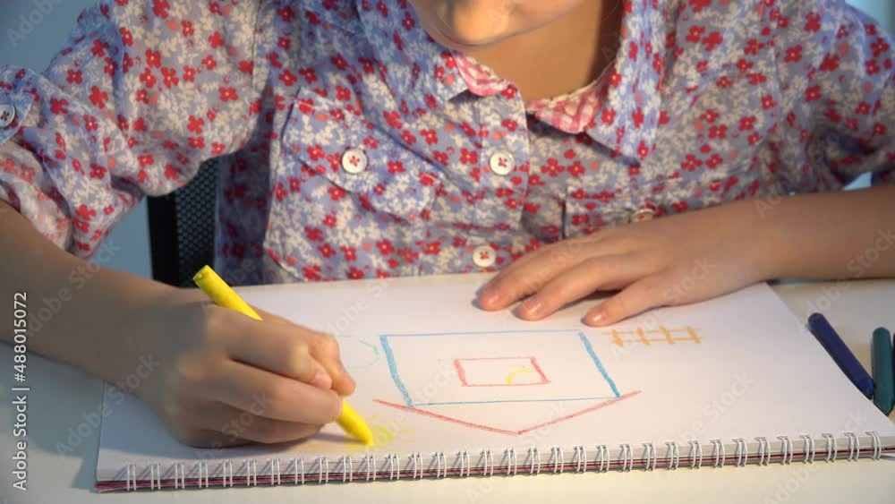 Kid Drawing a House, Child Coloring Studying Art, School Girl Learning ...