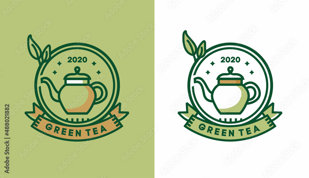green tea logo design, minimalist traditional vintage teapot for cafe ...