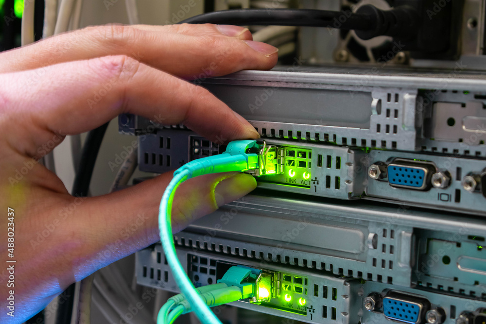 Servers and switches are located in the server room of the data center ...