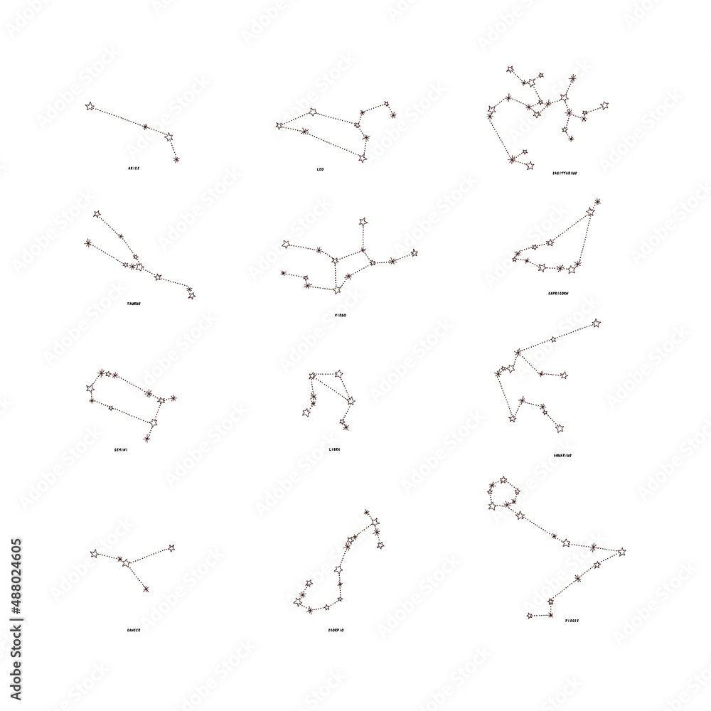 Celestial Constellations with names vector illustration set isolated on ...