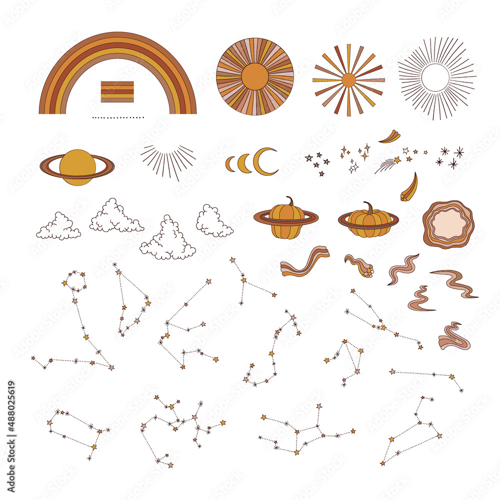 Groovy Rainbow Sun Moon Stars Clouds Pumpkin Planet Constellation