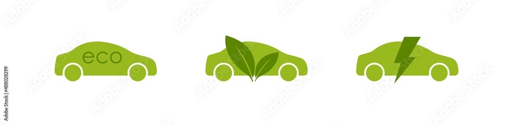 Eco Car set green icon. Hybrid electric car with leaf. Vector flat ...