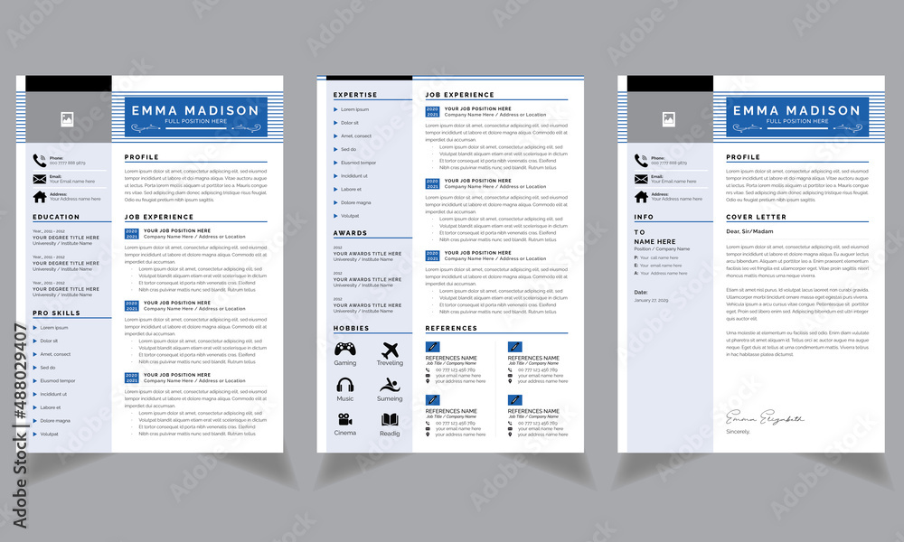 Creative Resume Template Set CV and Cover Letter with Blue Accents ...