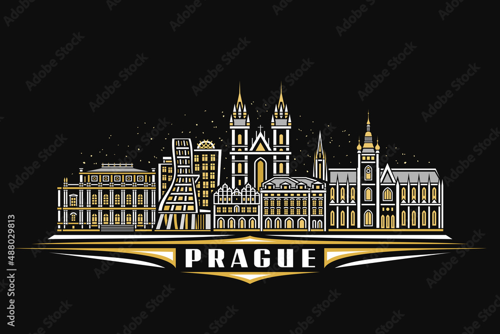 Vector illustration of Prague, dark horizontal poster with linear ...