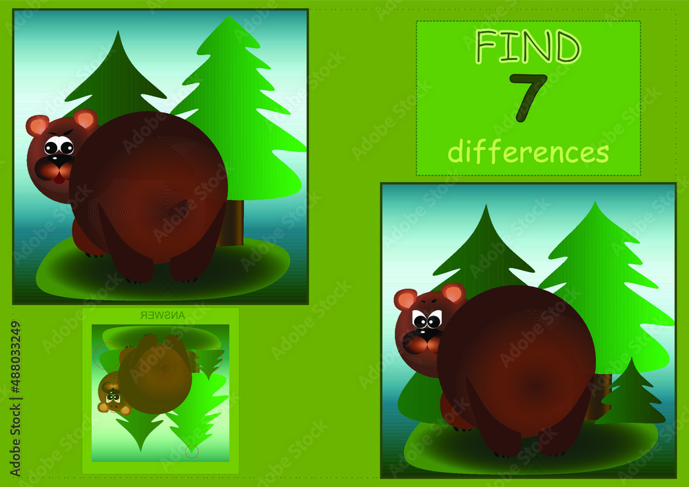 Find 7 differences brown bear from the back in the forest children's ...