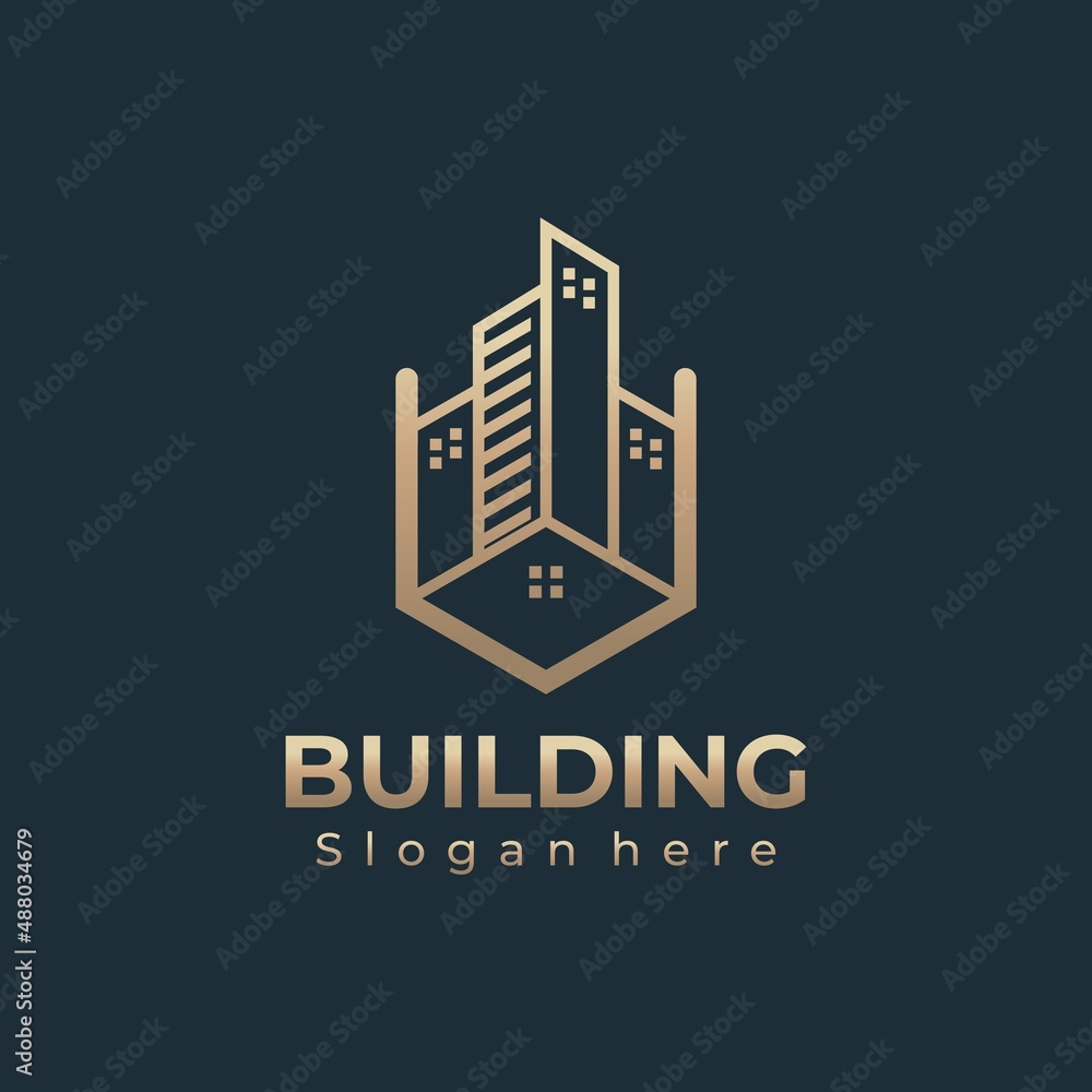 Building logo design with gold gradient color with business card ...