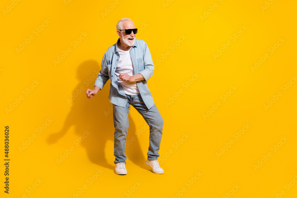 Full length body size view of attractive cheerful funky grey-haired man ...