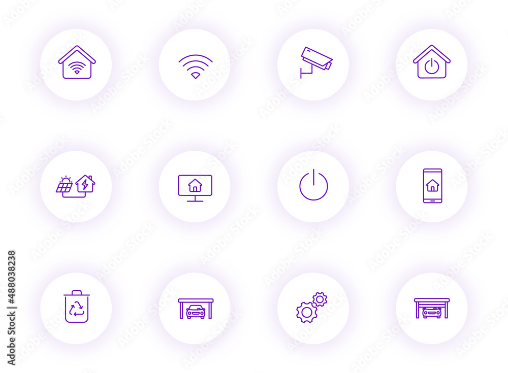 smart home purple color outline vector icons on light round buttons ...