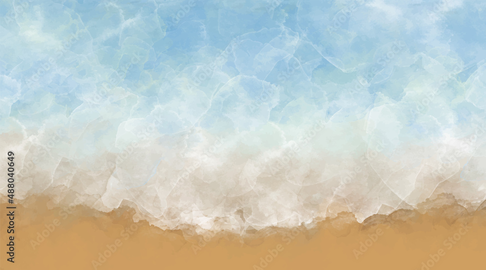 Blue vector watercolor art background with blue waves on the tropical ...