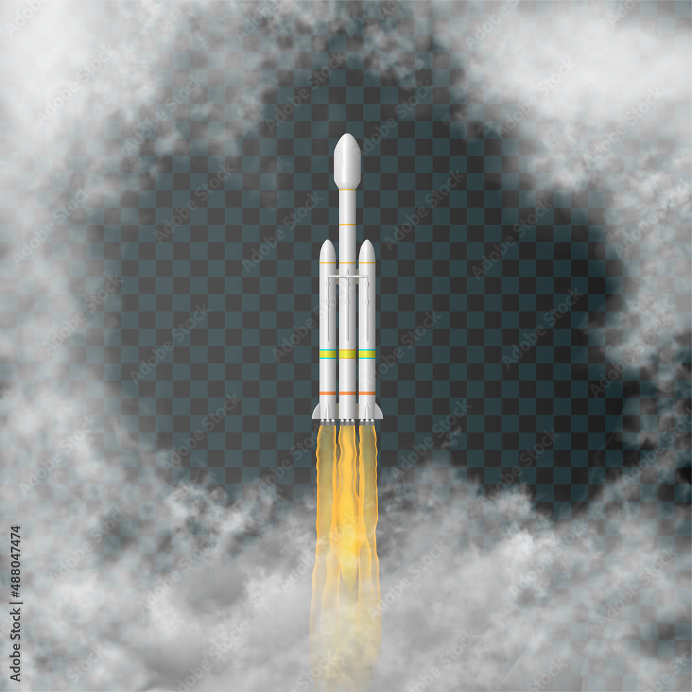 Rocket flight inside white realistic clouds. Vector illustration ...