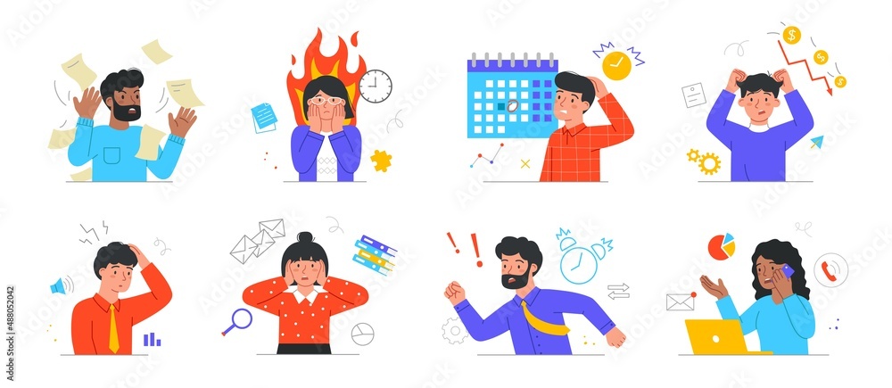 Set of busy people in stress and fatigue at work. Men and women get ...