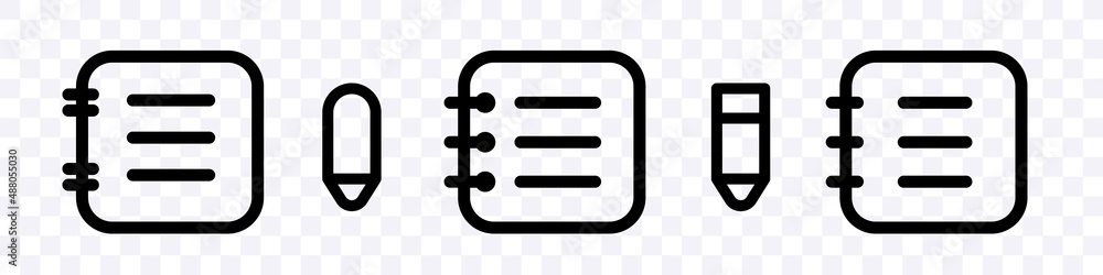 Notepad icons. Set of black vector icons of notebooks and pencils or ...