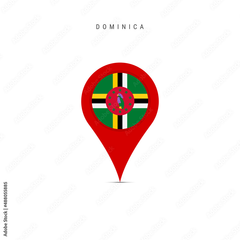 Teardrop map marker with flag of Dominica. Dominican flag inserted in the location map pin. Flat ...