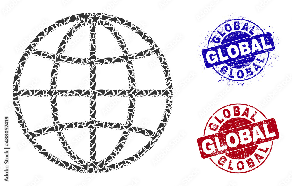 Round GLOBAL corroded stamp prints with caption inside round forms, and ...