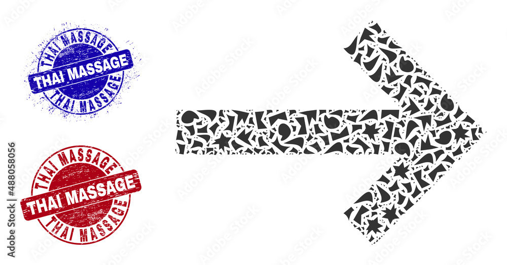 Round THAI MASSAGE rubber prints with caption inside round forms, and ...