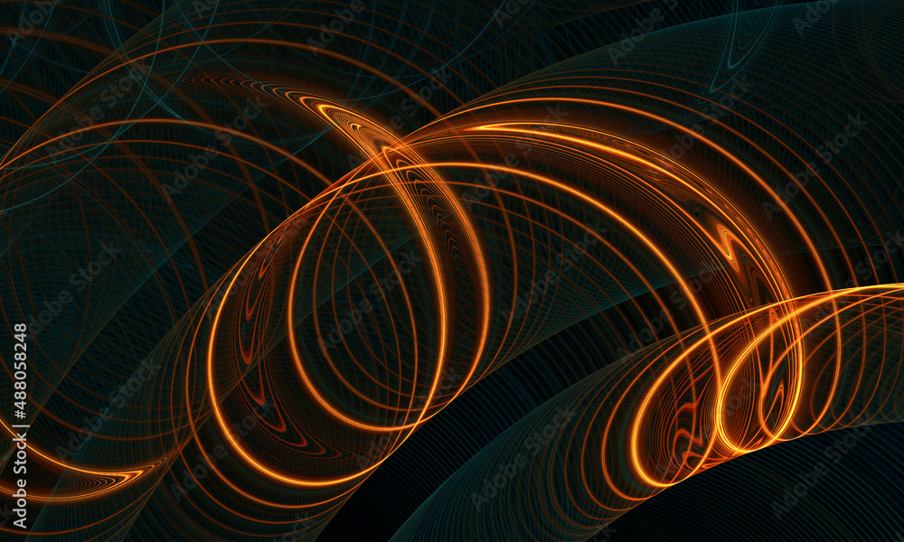 Golden turquoise glowing curves as 3d representation of sound rhythm ...