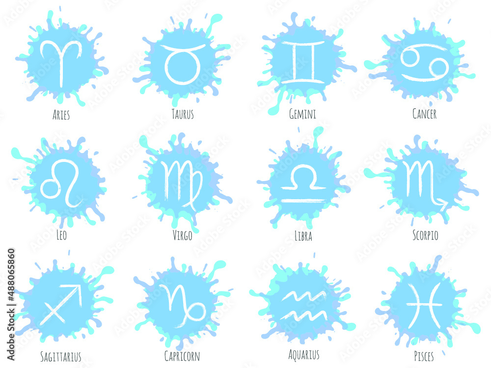 Blue zodiac symbols vector set, collection of hand painted astrology ...