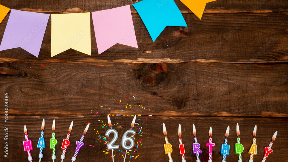 Top view, birthday decorations from letters of candles with fire and ...