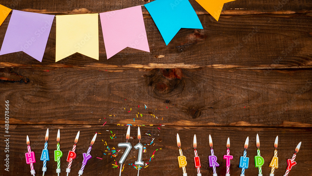 Top view, birthday decorations from letters of candles with fire and ...