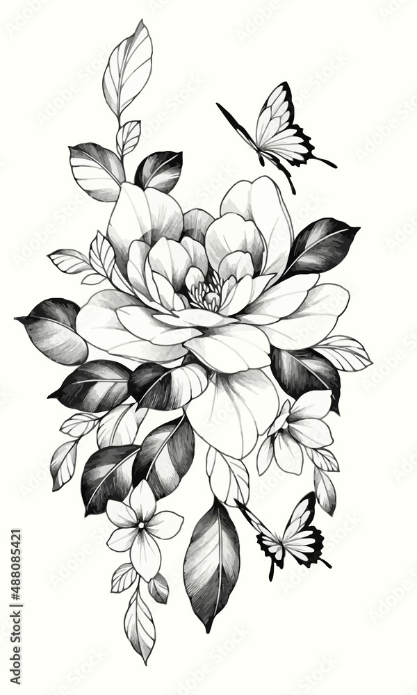 Flower And Leaves Drawing Outline Vector Hand Drawn Flower Black Ink